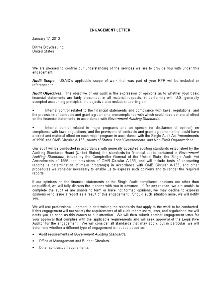 Sample Engagement Letter | PDF | Financial Audit | Internal Control
