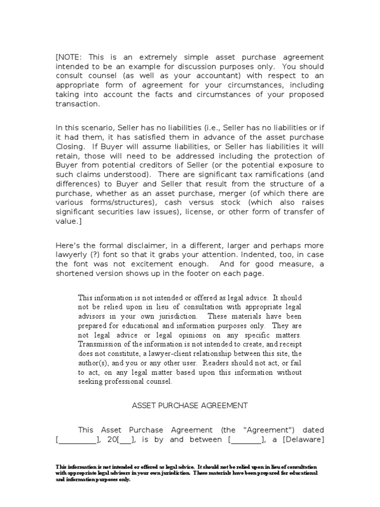 Example Simple Asset Purchase Agreement | PDF | Intellectual Property ...