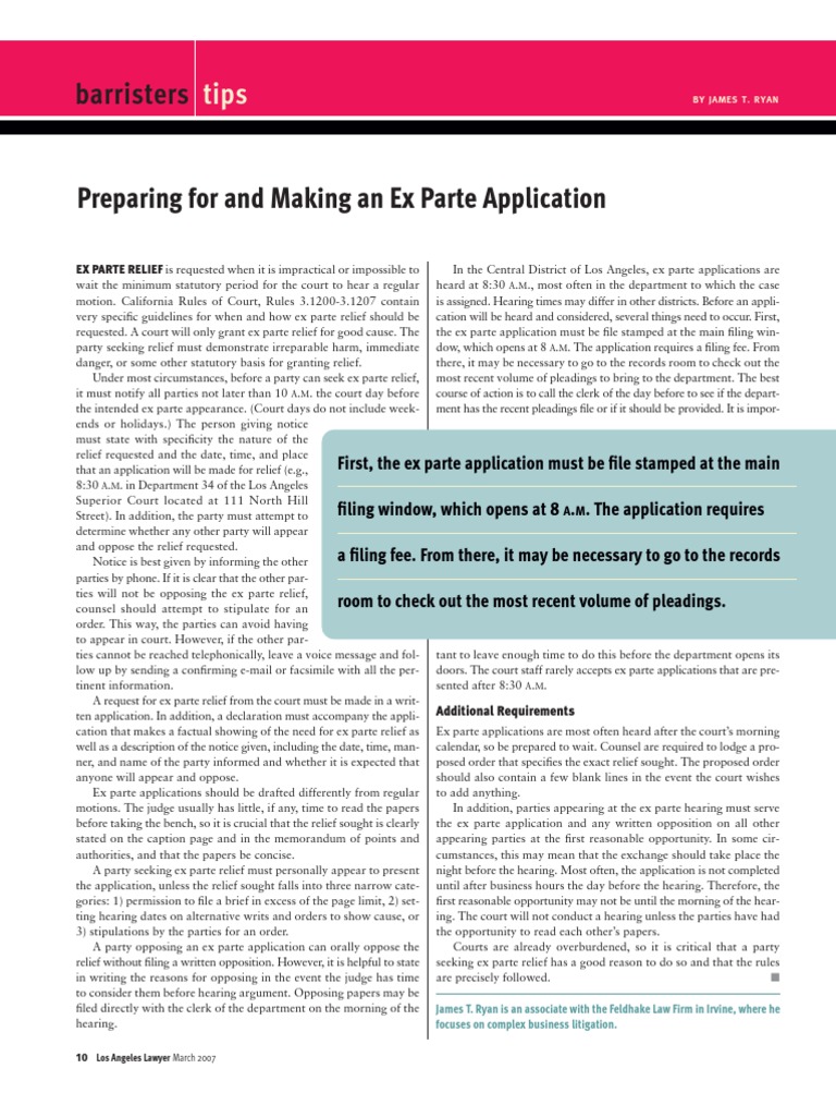 Ex Parte Application Tips | PDF | Ex Parte | Legal Procedure