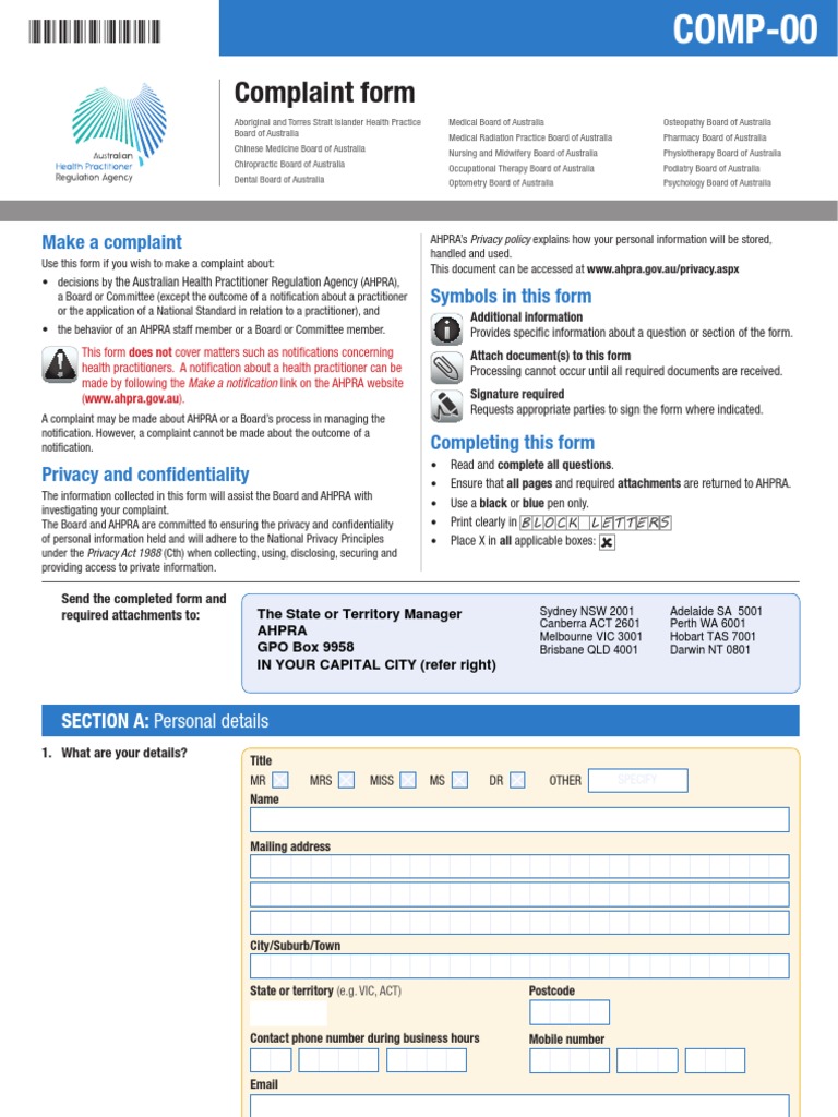 AHPRA Complaint Form | PDF | Physician | Privacy