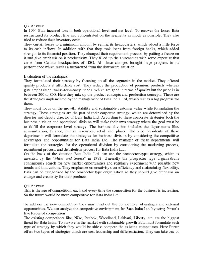 Answer of The Case Study About Bata India | PDF | Competitive Advantage | Strategic Management
