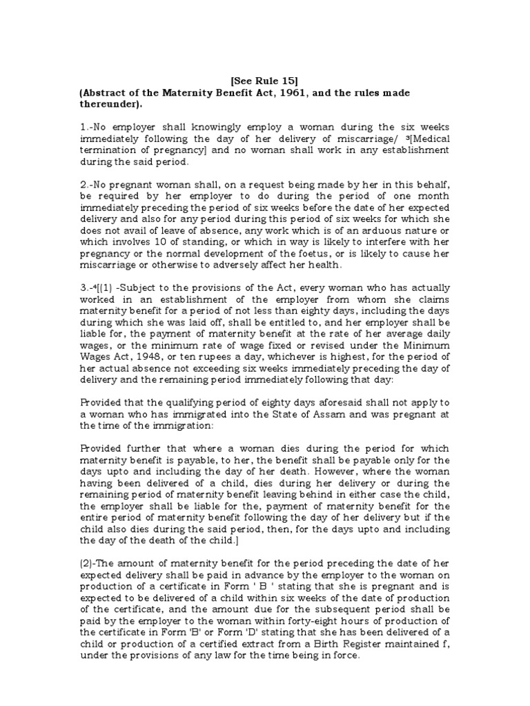 Abstract of The Maternity Benefit Act, 1961 | PDF