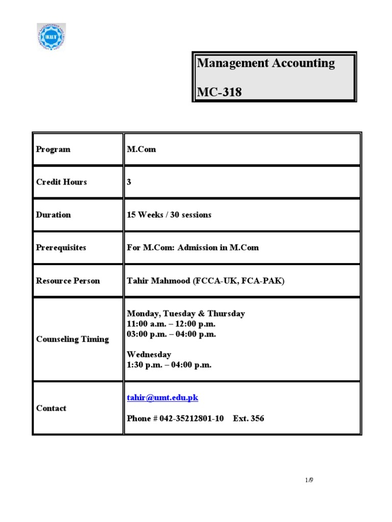 Course Outline Management Accounting | PDF | Management Accounting ...
