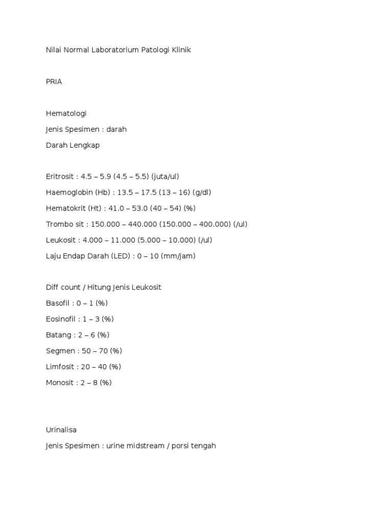 Nilai Normal Laboratorium Patologi Klinik | PDF