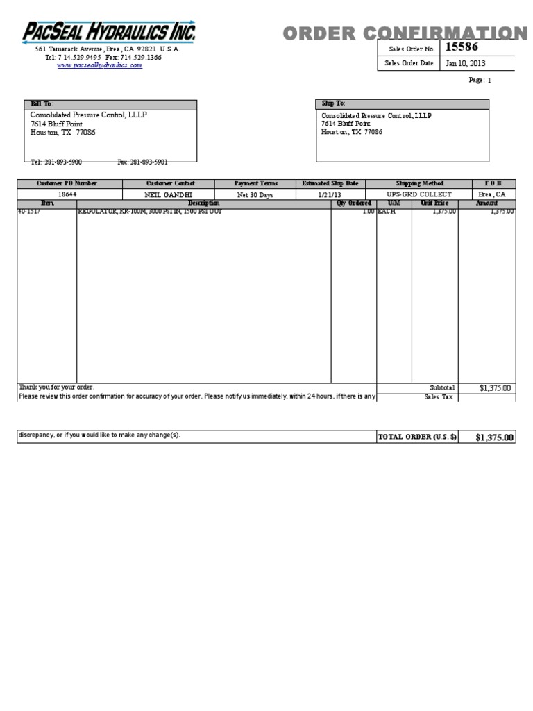 Sales Order Confirmation #15586 | PDF