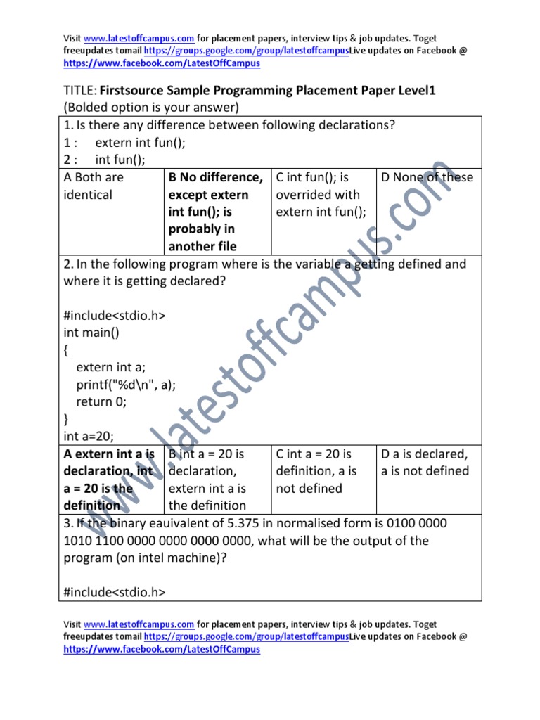 Firstsource Sample Programming Placement Paper Level1 | PDF | C (Programming Language) | C Sharp ...