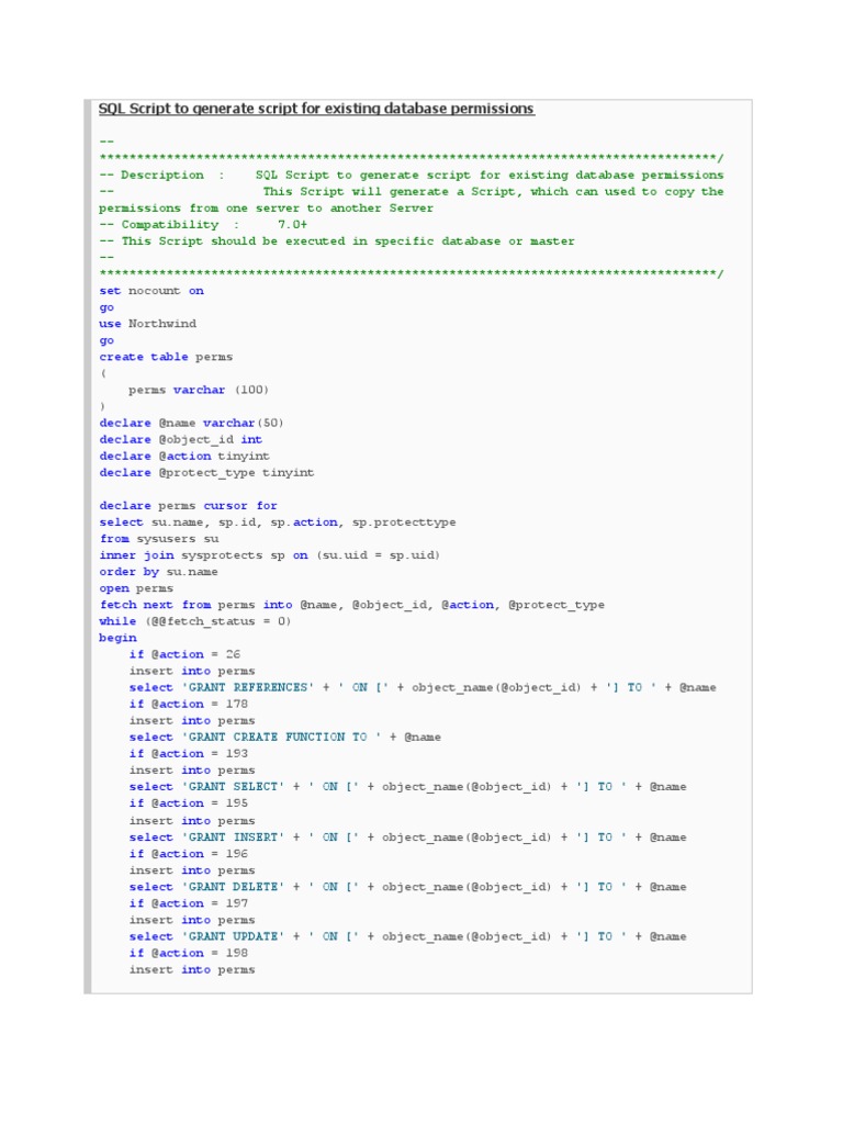 Sql Script To Generate Script For Existing Database Permissions