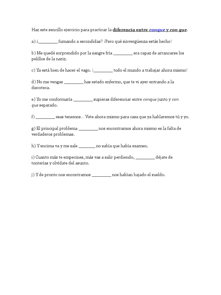 Ejercicio sobre "conque" y "con que" | PDF