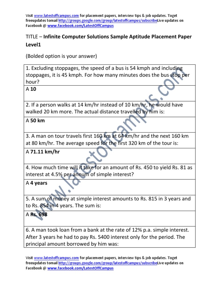 Infinite Computer Solutions Sample Aptitude Placement Paper Level1 Pdf Investing Stocks 