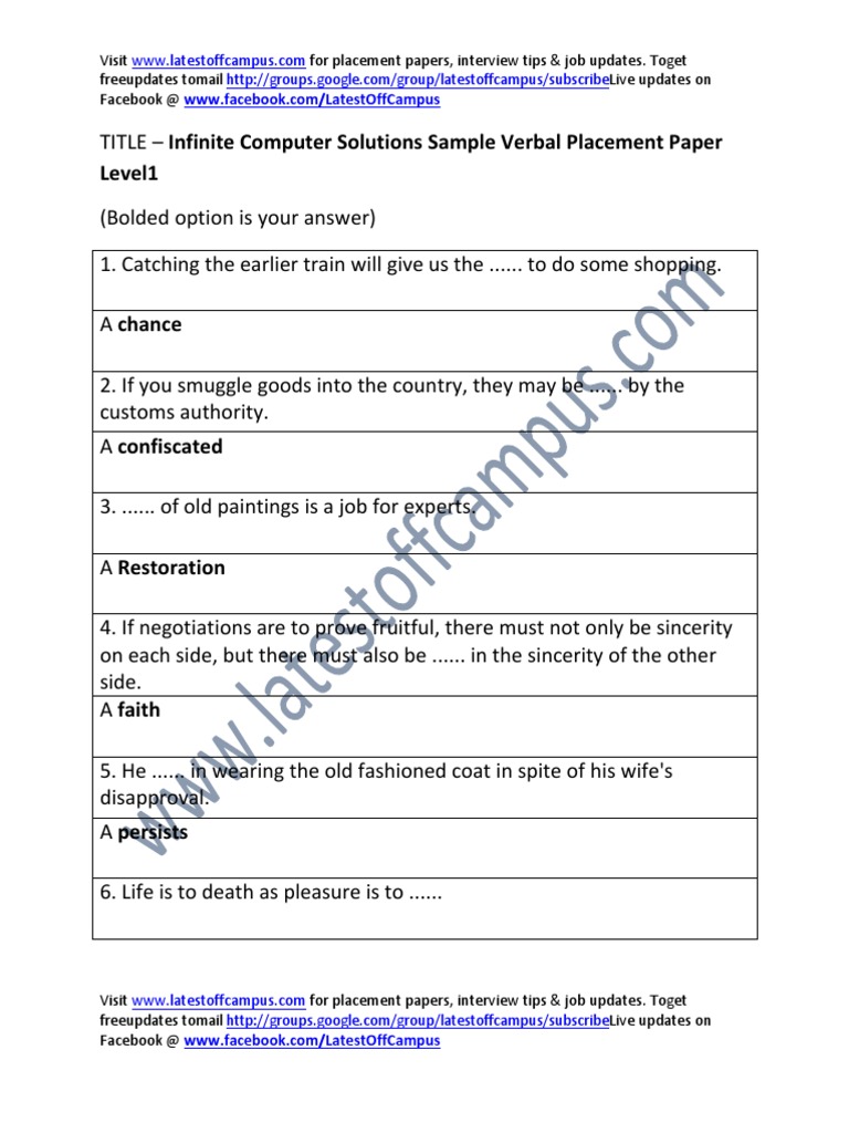 Infinite Computer Solutions Sample Verbal Placement Paper Level1 Pdf 