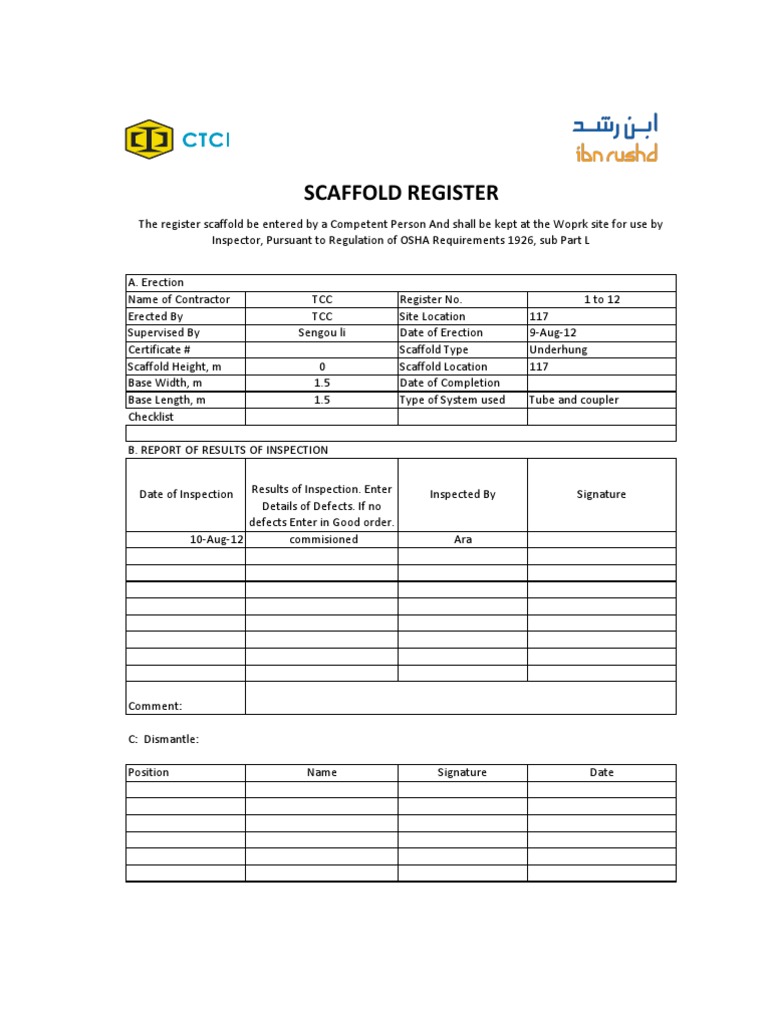 Scaffold Register and Inspection Log | PDF | Scaffolding | Occupational ...