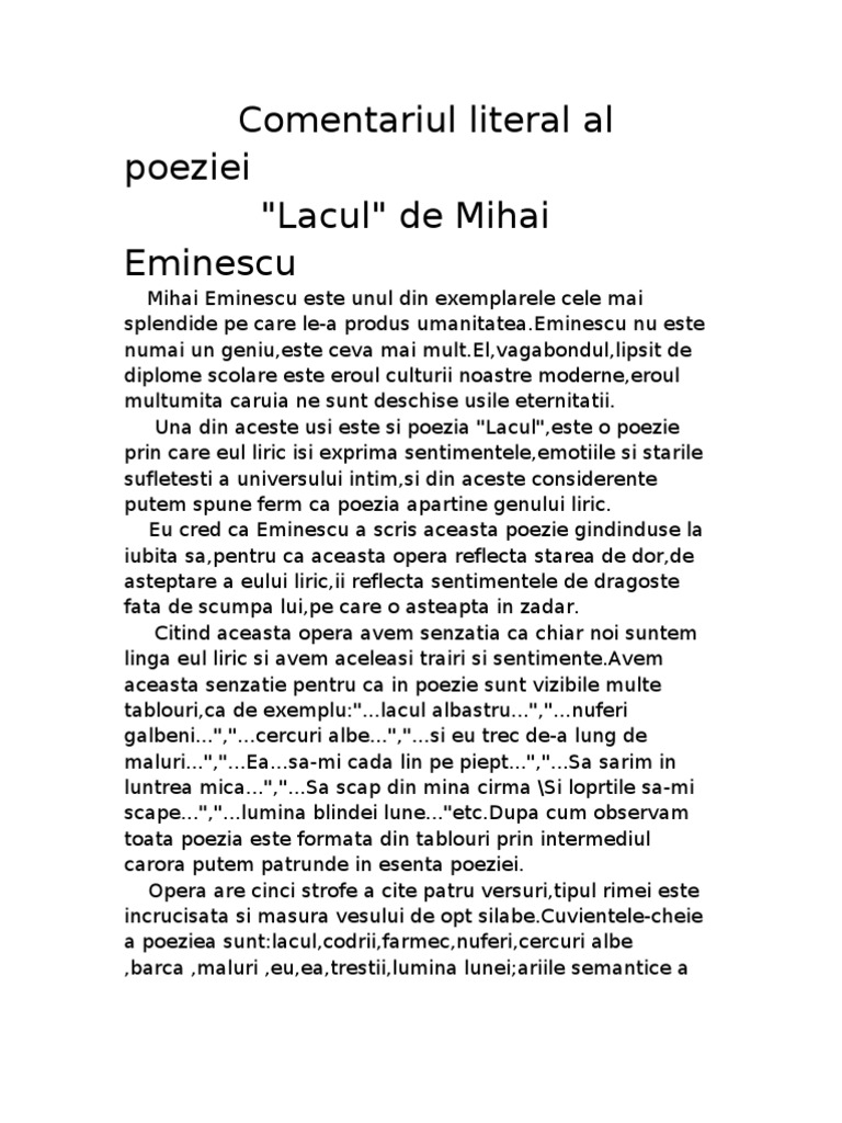 Comentariu Literar Al Poeziei "Lacul" de Mihai Eminescu | PDF