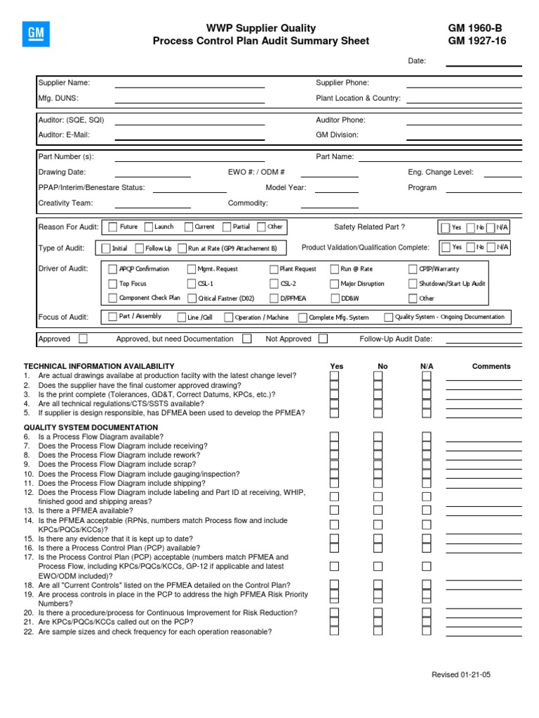 1n GM 1927 16 Process Control Plan Audit April 2005 | Download Free PDF ...