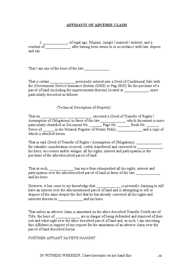 Affidavit of Adverse Claim | PDF | Affidavit | Deed