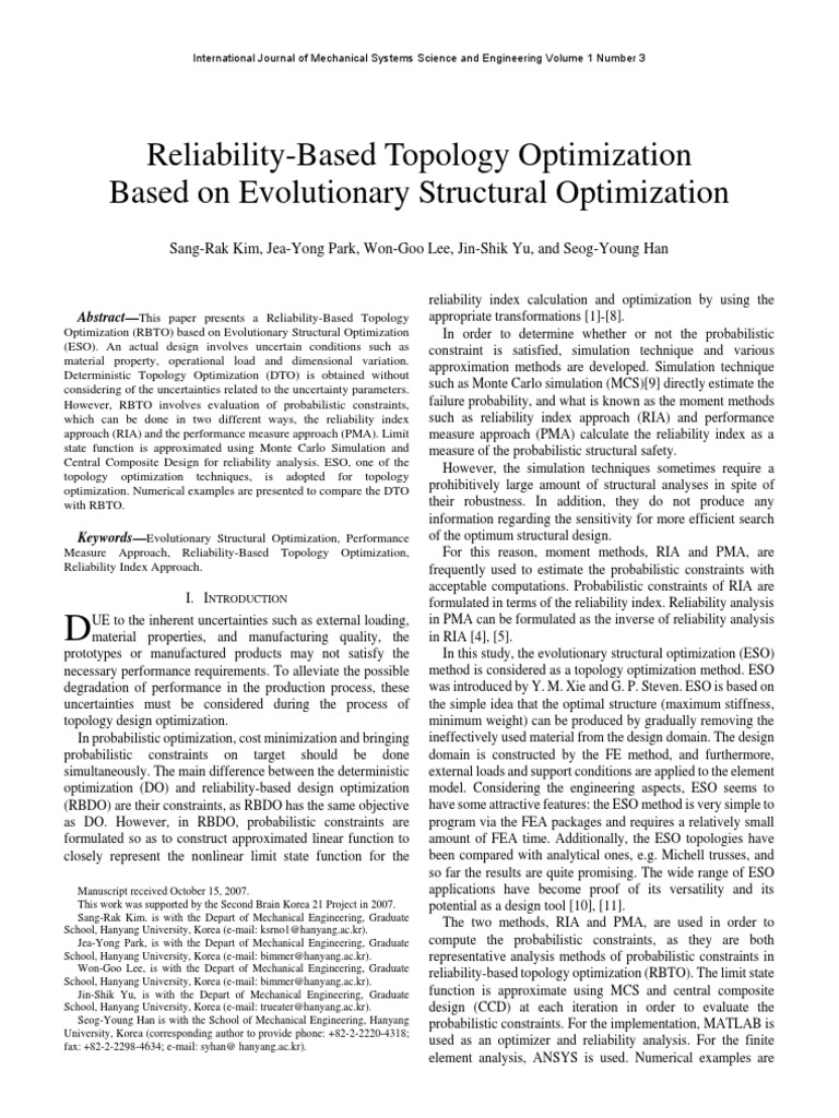 Reliability Based Topology Optimization Pdf Mathematical