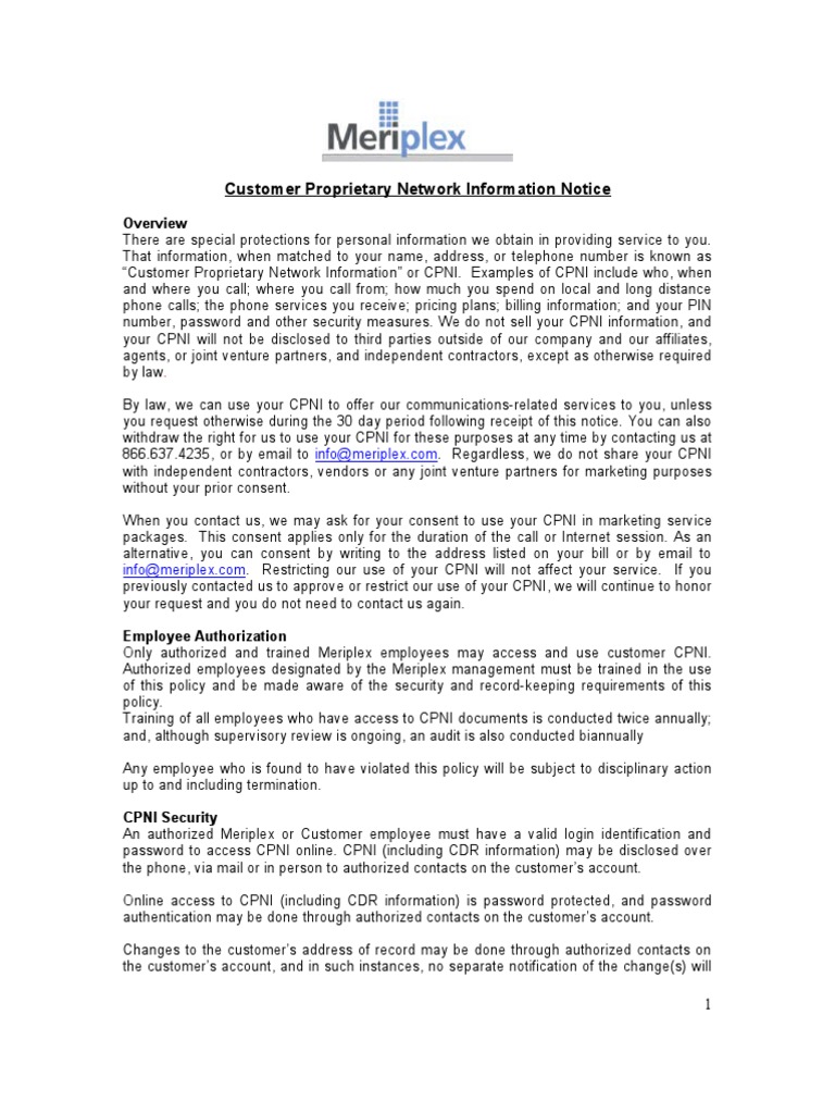 Customer Proprietary Network Info Policy | PDF | Customer Proprietary ...