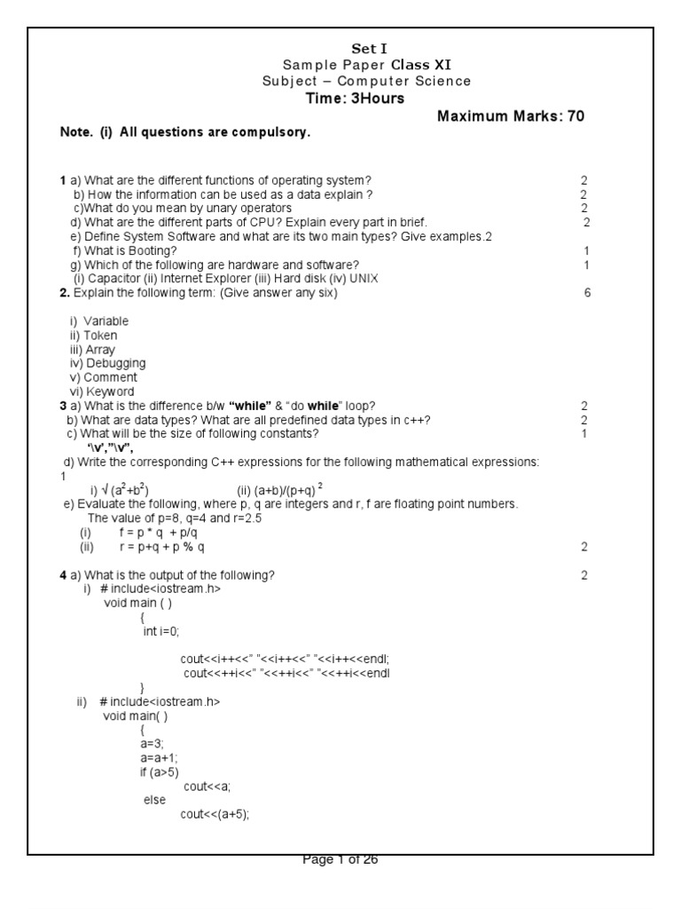 Sample Papers XI CS | PDF | Computer Data Storage | Random Access Memory