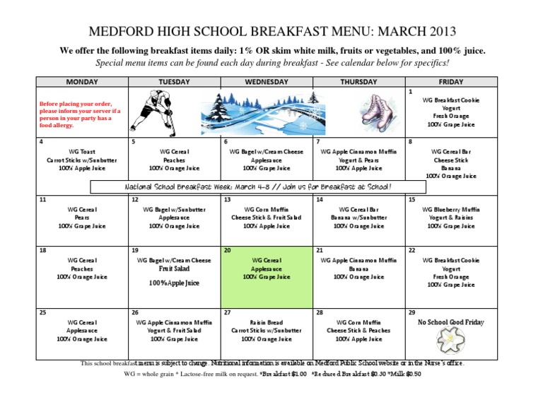 Medford High School March Breakfast Menu | PDF