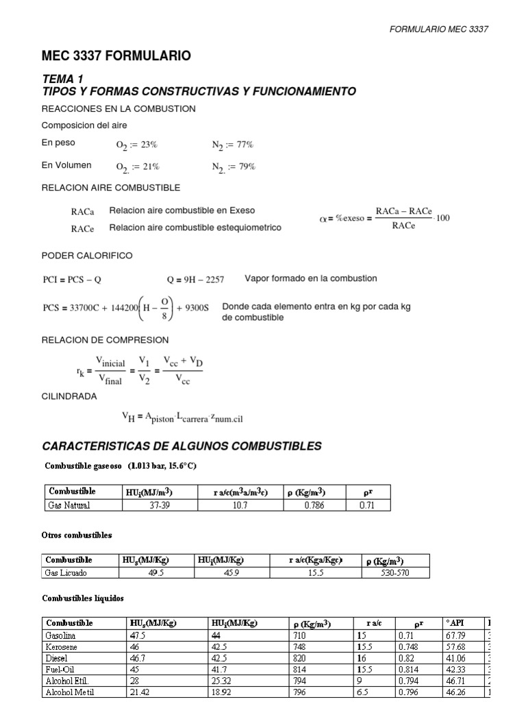Formulario MEC 3337: Combustión y Ciclos | PDF | Pistón | Motor diesel