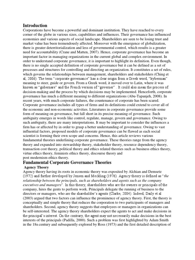 An Analysis of Fundamental Corporate Governance Theories: Agency Theory ...