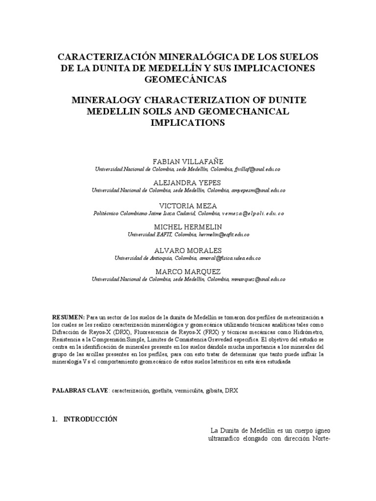 Caracterización Mineralógica de Los Suelos de La Dunita de Medellín y ...