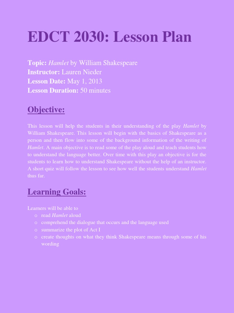 Hamlet Lesson Plan | PDF | Hamlet | Lesson Plan
