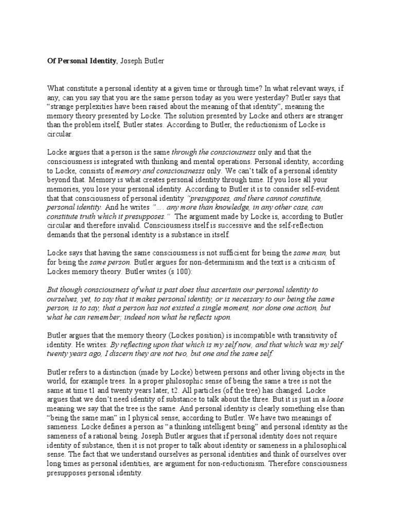 Of Personal Identity, Joseph Butler | PDF | Philosophy Of Self | John Locke