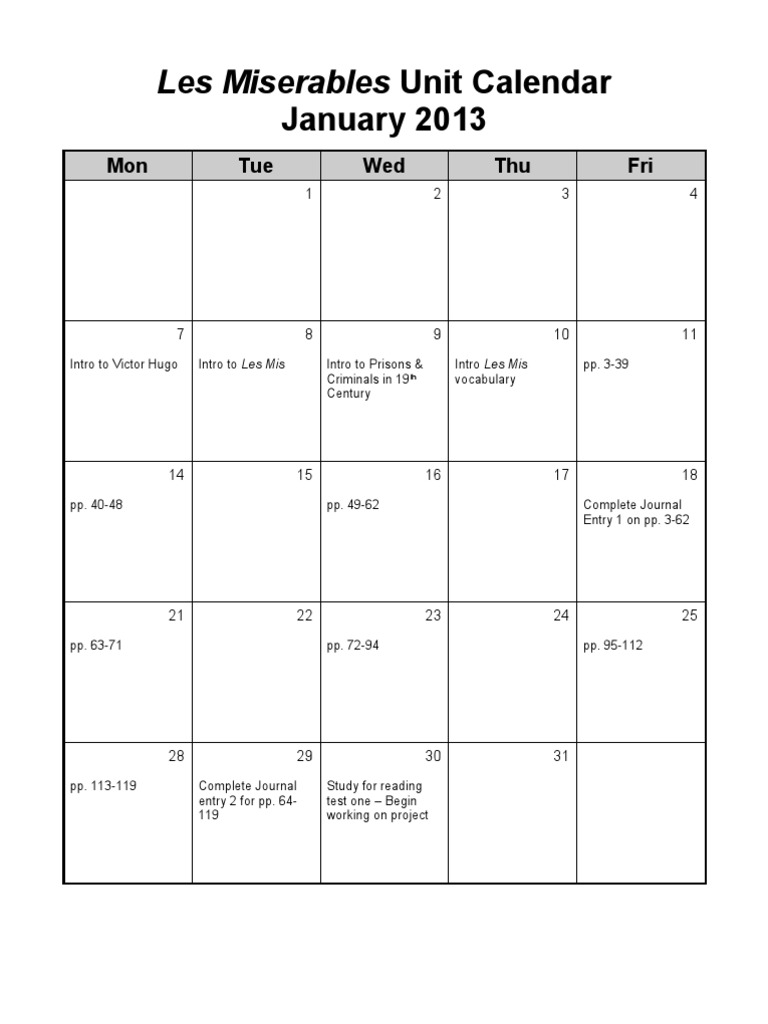 Les Miserables Unit Calendar 2013 | PDF | Science & Mathematics