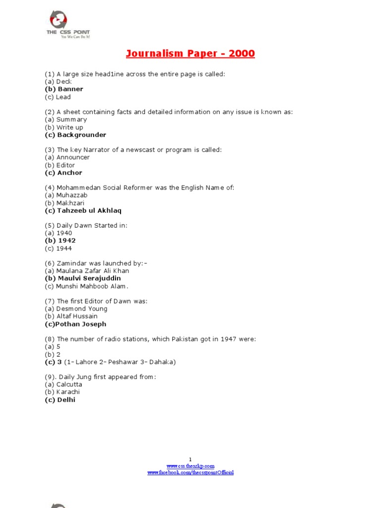 Journalism CSS Past Papers MCQS 2000 To 2013 | PDF | Newspapers | Mass ...