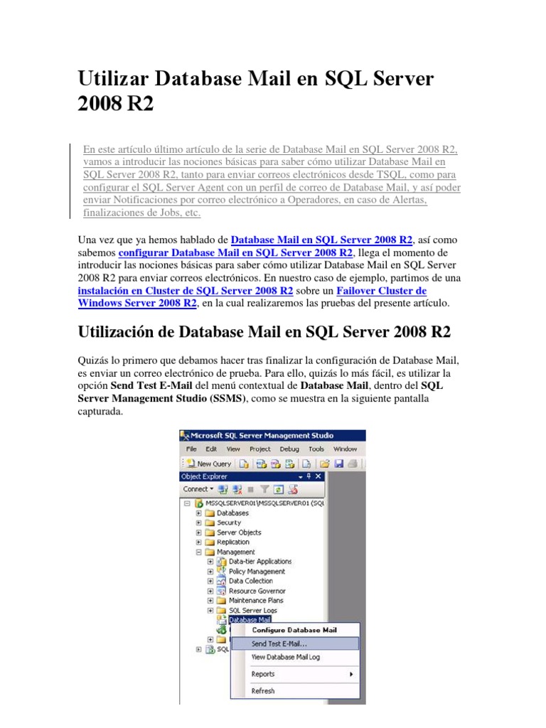 Utilizar Database Mail en SQL Server 2008 R2 | PDF | Correo electrónico | Servidor SQL de Microsoft