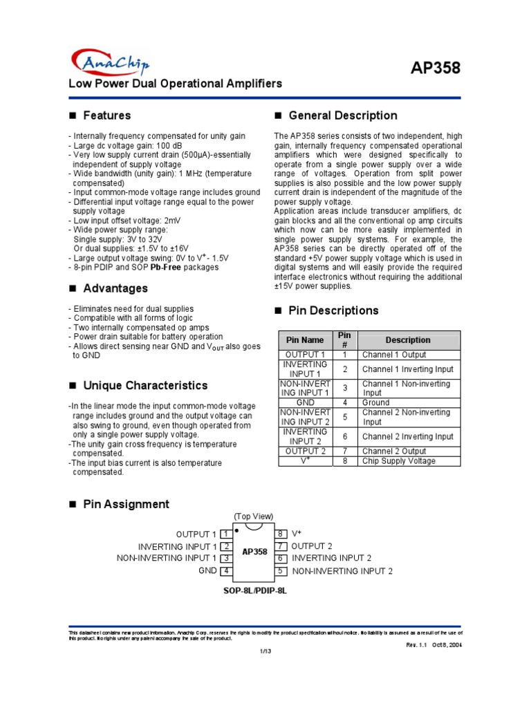 AP358 Datasheet | PDF | Amplifier | Operational Amplifier