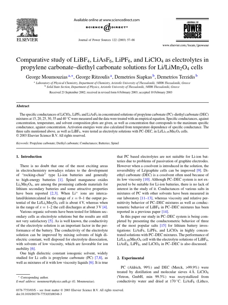 Comparative Study of LiBF4, LiAsF6, LiPF6, and LiClO4 As Electrolytes ...