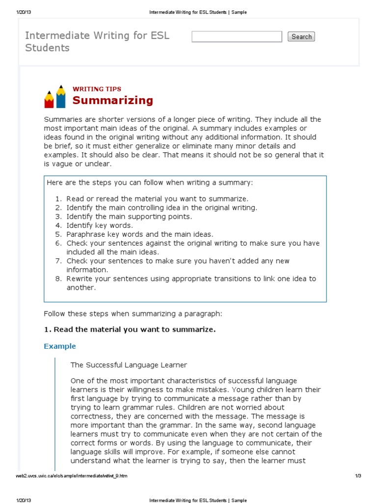 ESL Summary Writing Tips | PDF | English As A Second Or Foreign ...