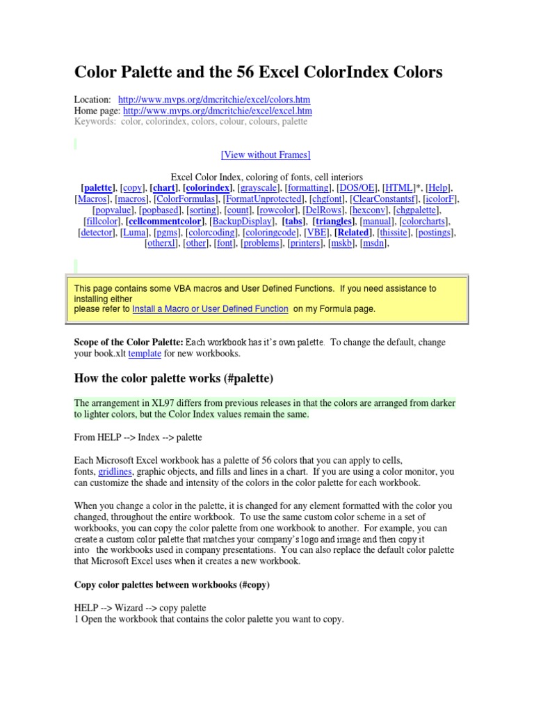Color Palette and The 56 Excel ColorIndex Colors | Download Free PDF | Magenta | Microsoft Excel