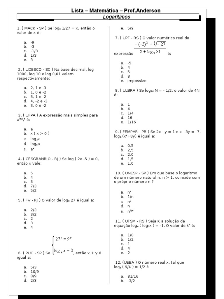 LISTA - Logaritmos (Basica) | PDF | Métodos e Materiais de Ensino