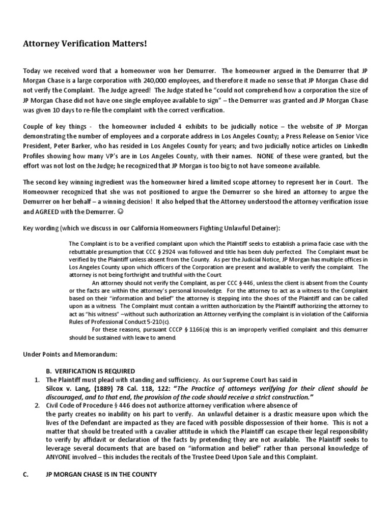 Attorney Verification Matters | PDF | Demurrer | Complaint