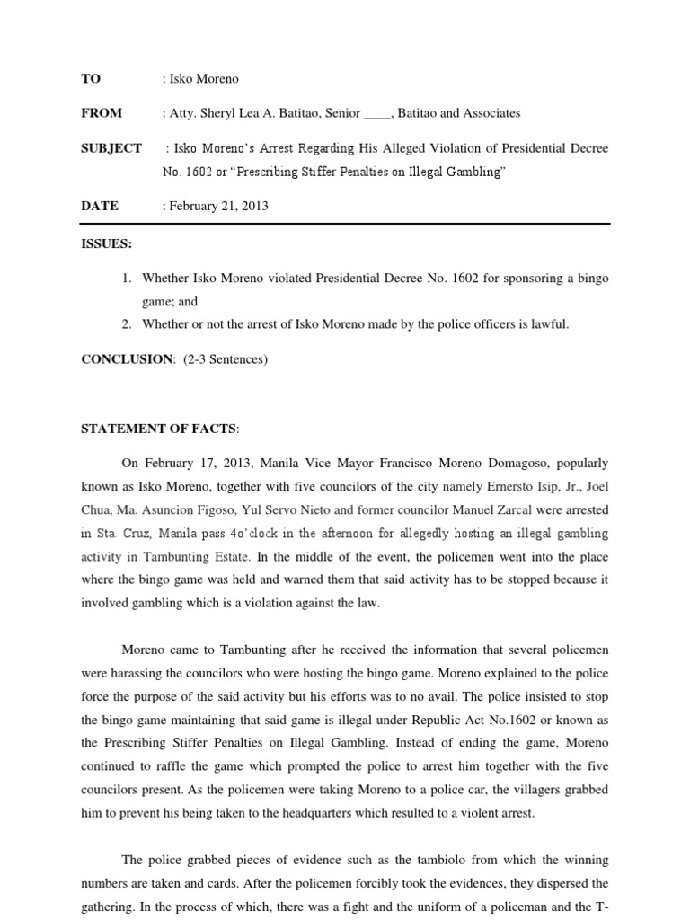 Memorandum sample | Arrest | Police Officer