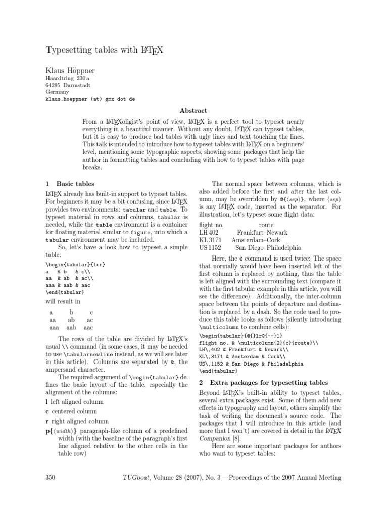 Typesetting Tables With Latex Pdf Page Layout Text
