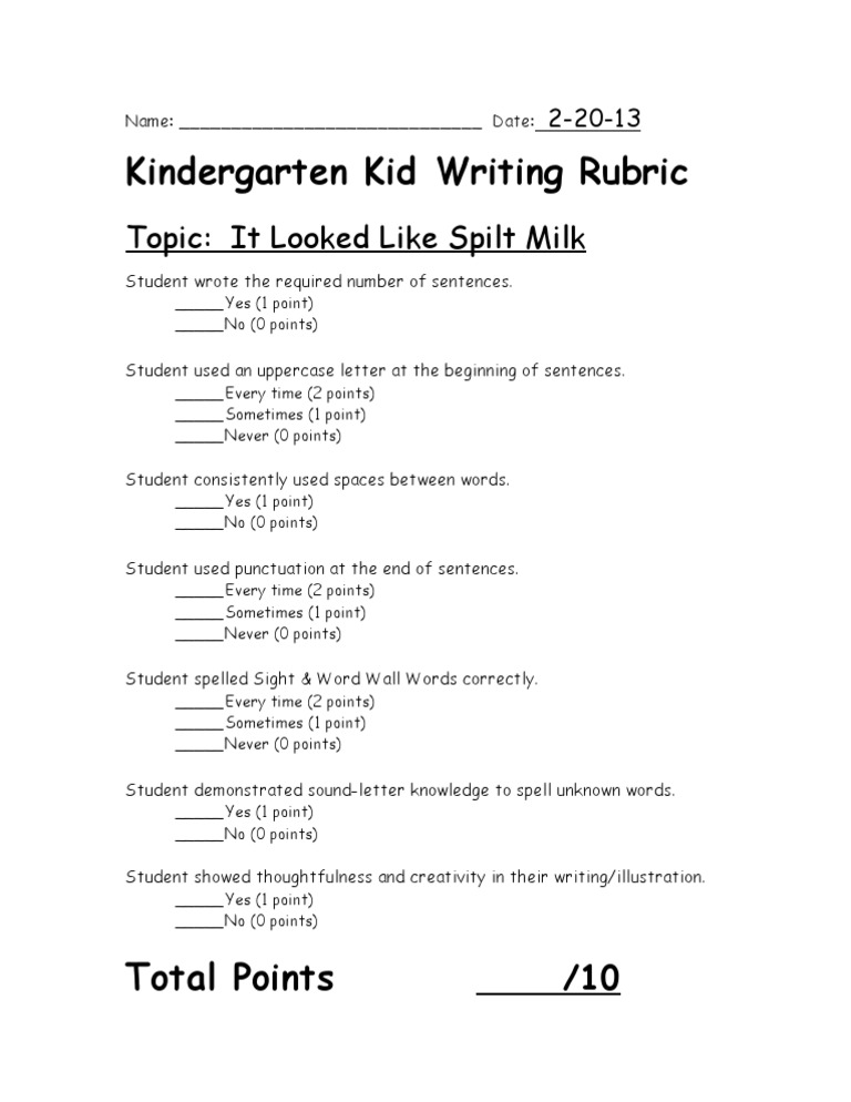 Kindergarten Rubric for Spilt Milk Writing | PDF | Language Arts ...