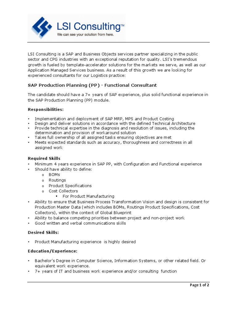 SAP Production Planning (PP) - Functional Consultant: Responsibilities ...