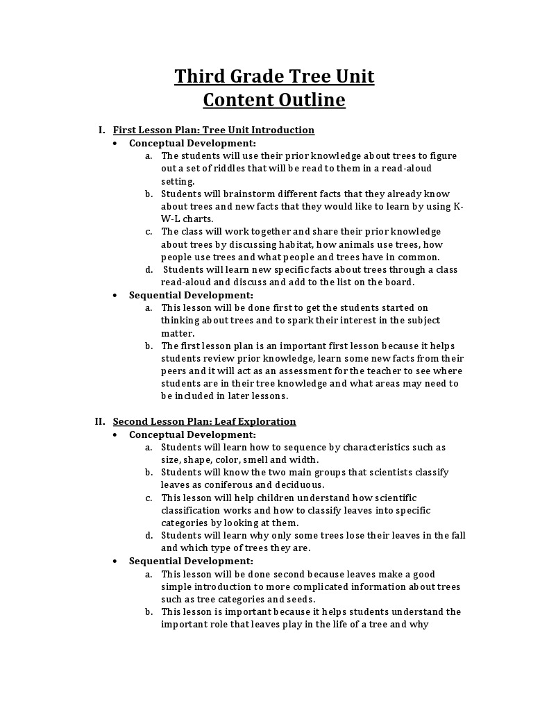 Third Grade Tree Unit Content Outline: I. First Lesson Plan: Tree Unit ...