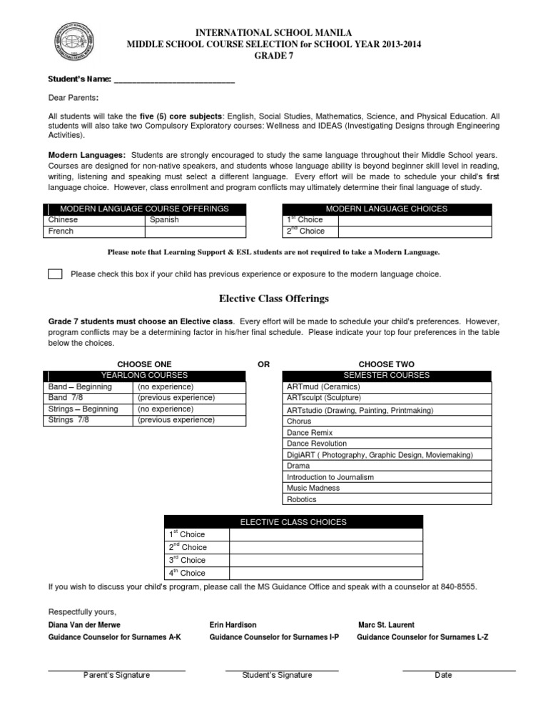 Grade 7 Course Selection Guide 2013-2014 | PDF | Language Arts & Discipline