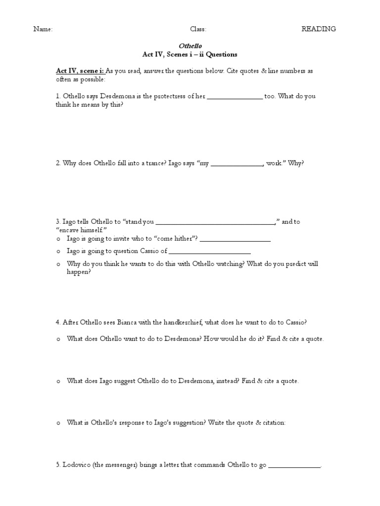 Othello Act IV Analysis and Questions | PDF | Language Arts & Discipline