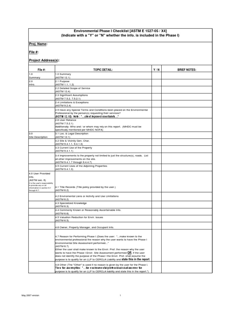 Environmental Phase I Checklist (ASTM E 1527-05 / X4) (Indicate With A "Y" or "N" Whether The ...