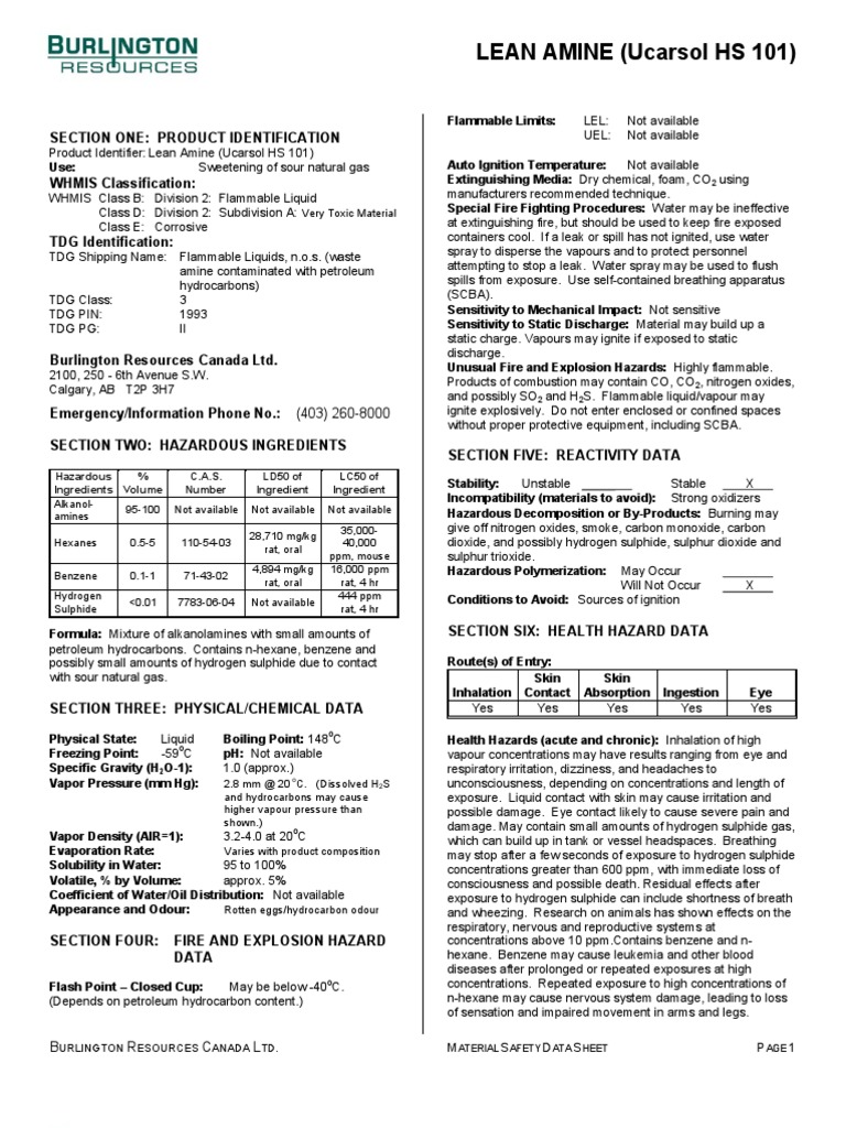 LEAN AMINE (Ucarsol HS 101) : B R C L | PDF | Benzene | Hydrocarbons