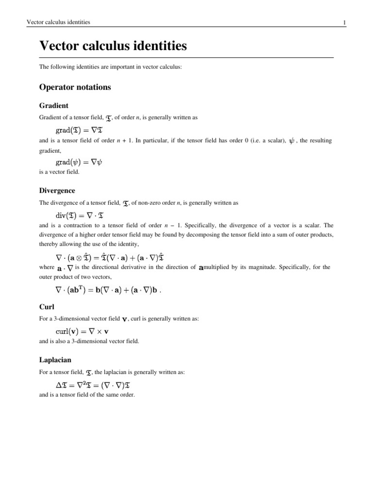 Vector Calculus Identities Pdf Divergence Algebra