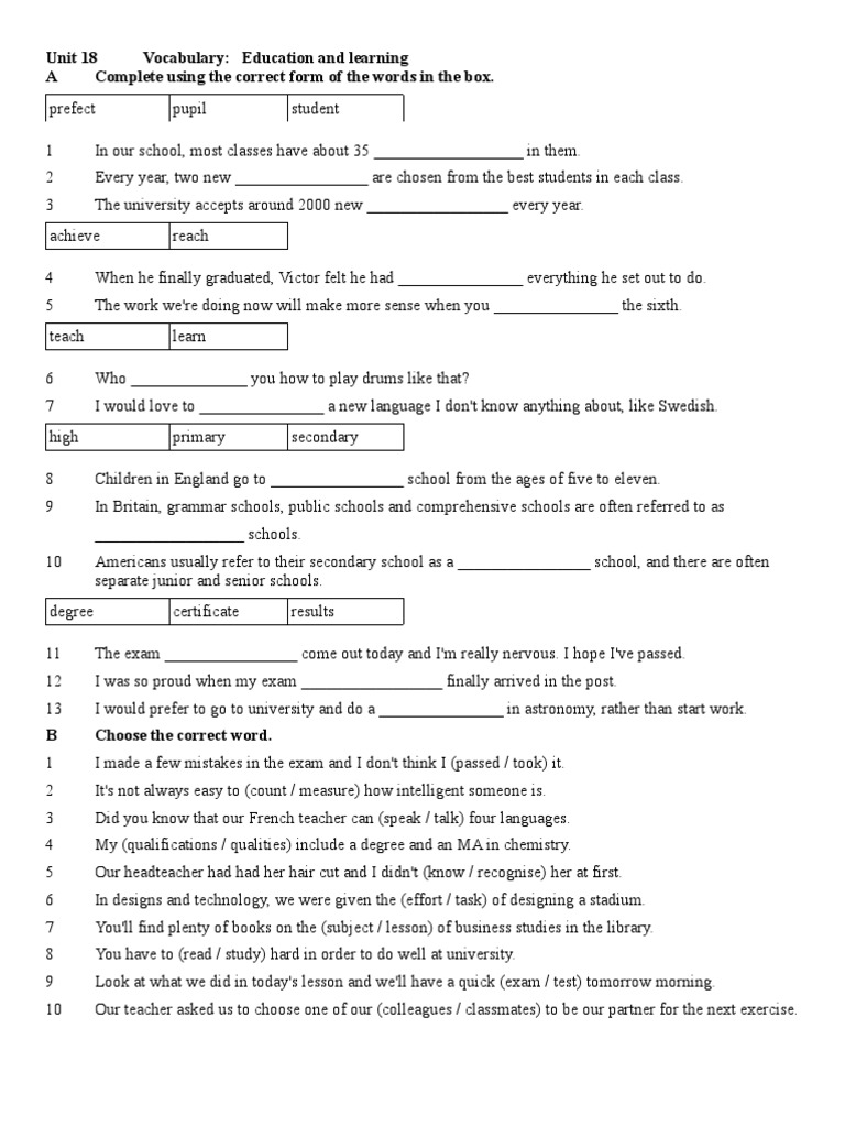 Unit 18 Vocabulary: Education and Learning A Complete Using The Correct ...