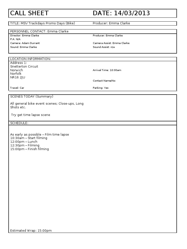 Call Sheets | PDF