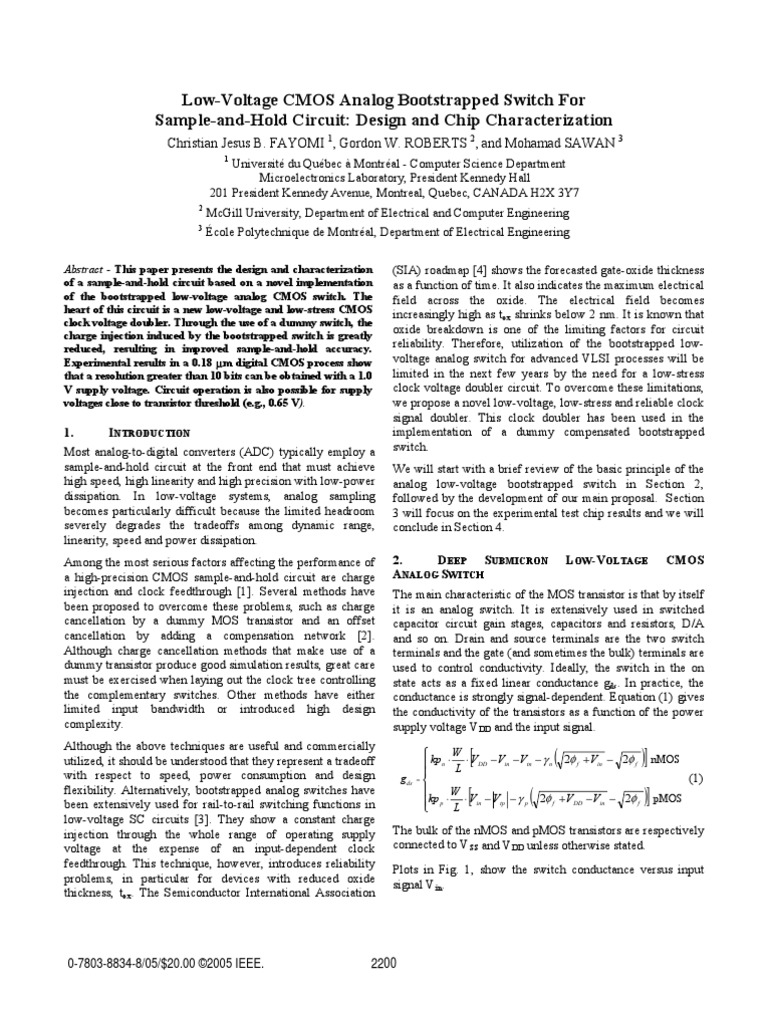 Low-Voltage CMOS Analog Bootstrapped Switch For Sample-and-Hold Circuit: Design and Chip ...