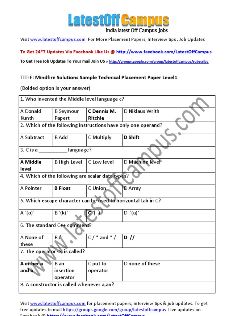 Mindfire Solutions Sample Technical Placement Paper Level1 Pdf C Programming Language 